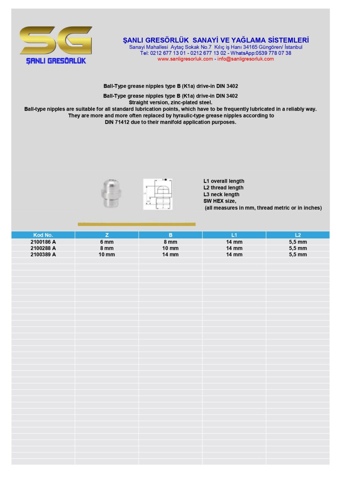 Ball-Type grease nipples type B (K1a) drive-in DIN 3402 180°