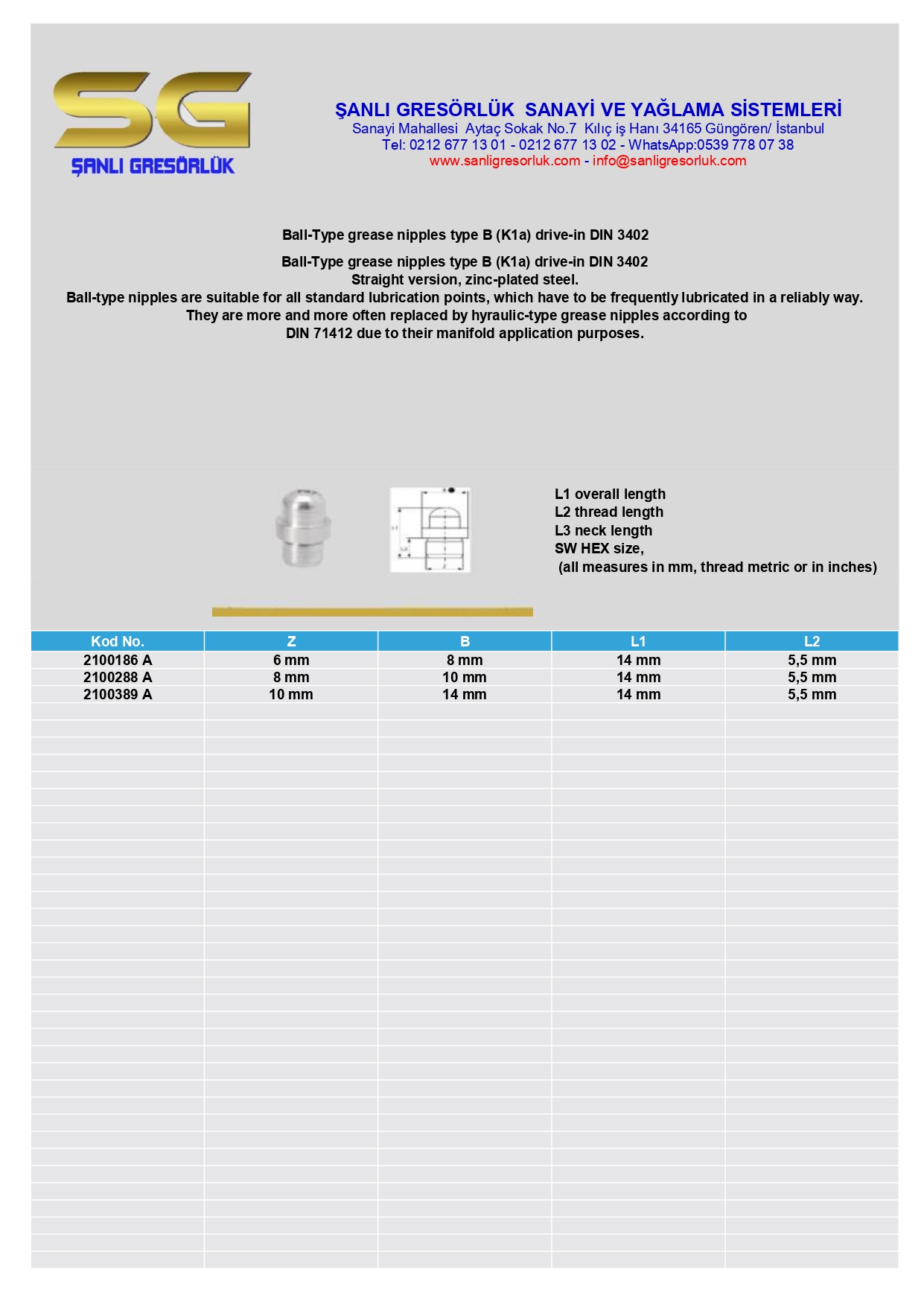Ball-Type grease nipples type B (K1a) drive-in DIN 3402 180°