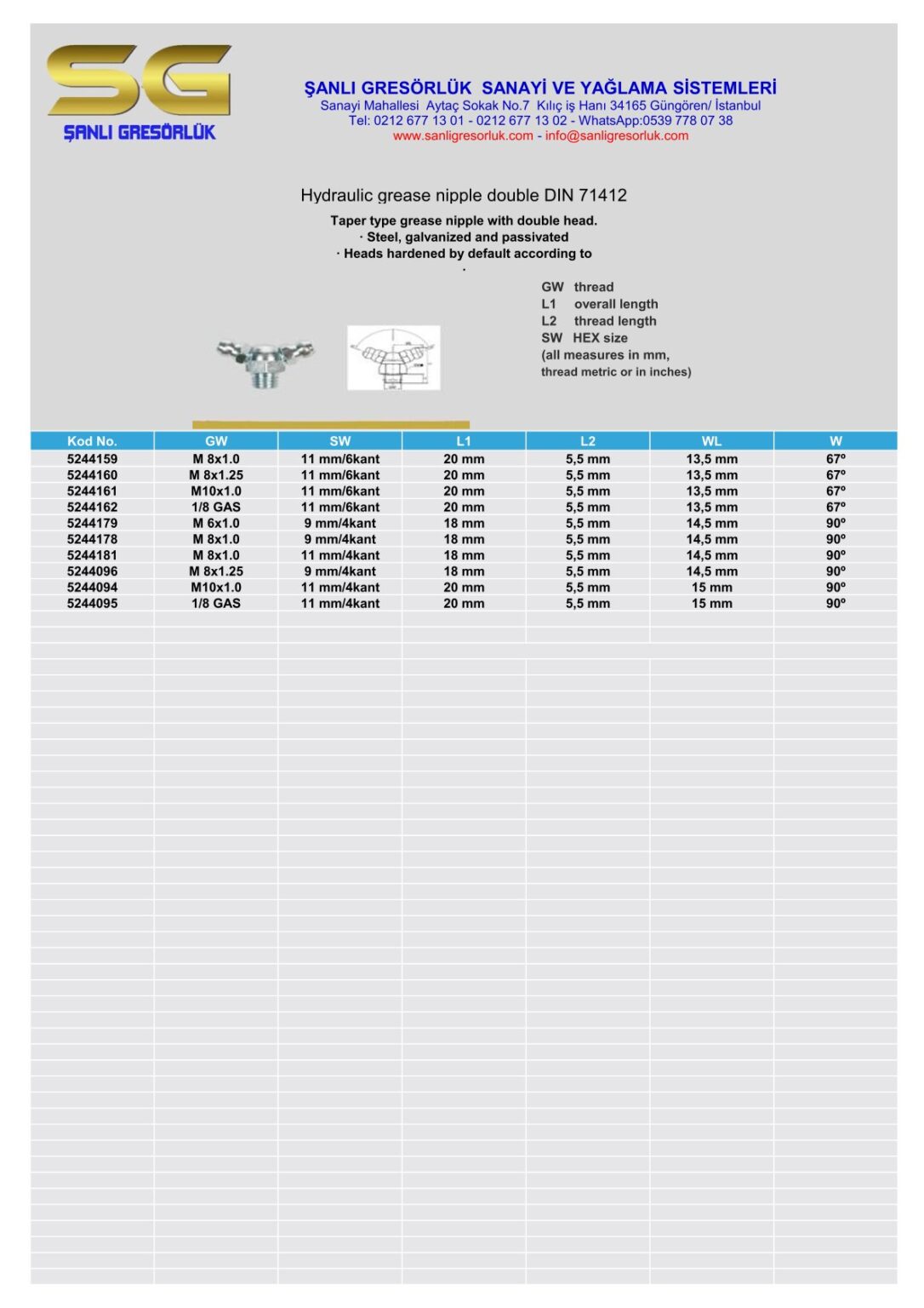 Hydraulic grease nipple double DIN 71412 Sanlı Grease