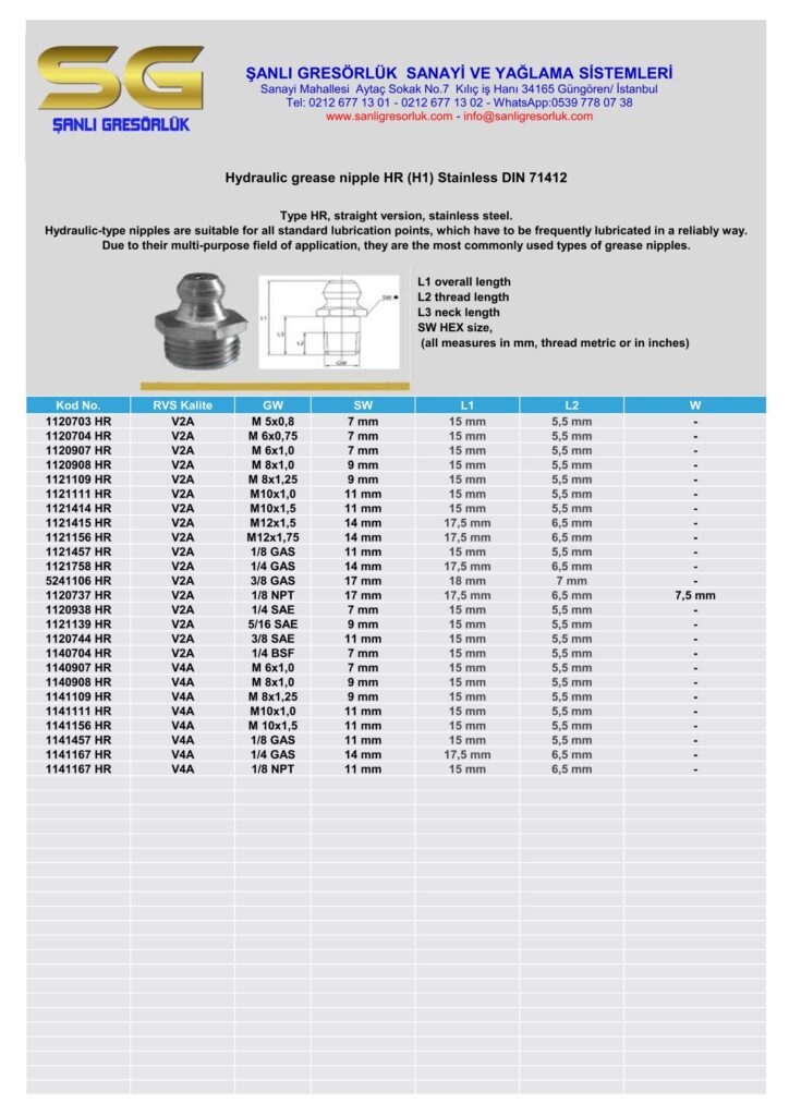 Sanlı Grease Hydraulic grease nipple HR (H1) Stainless DIN 71412 180°