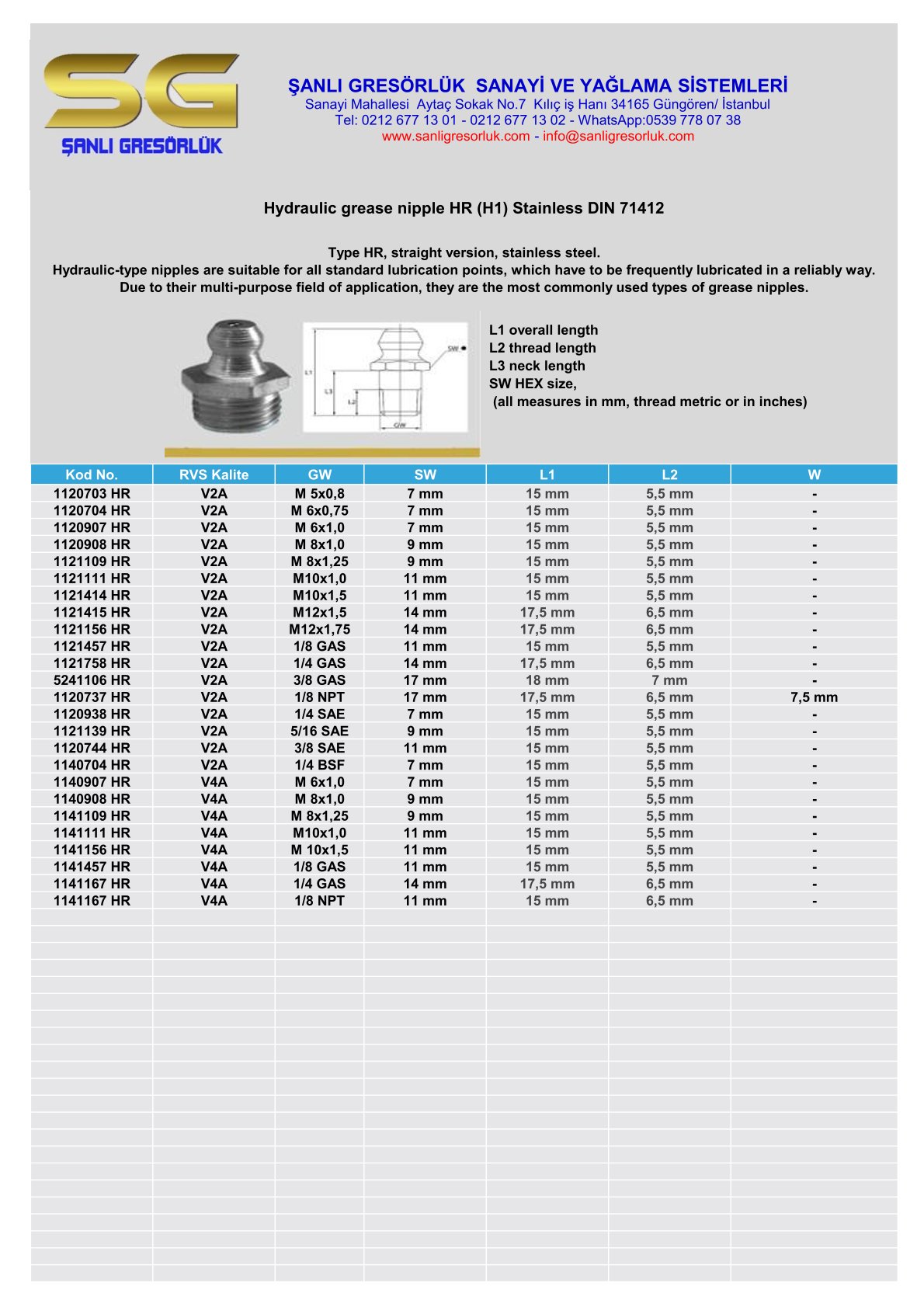 Sanlı Grease Hydraulic grease nipple HR (H1) Stainless DIN 71412 180°